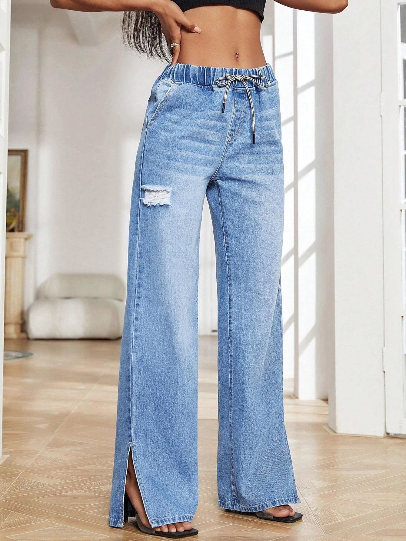 Custom Women Drawstring Waist Split Hem Wide Leg Jeans